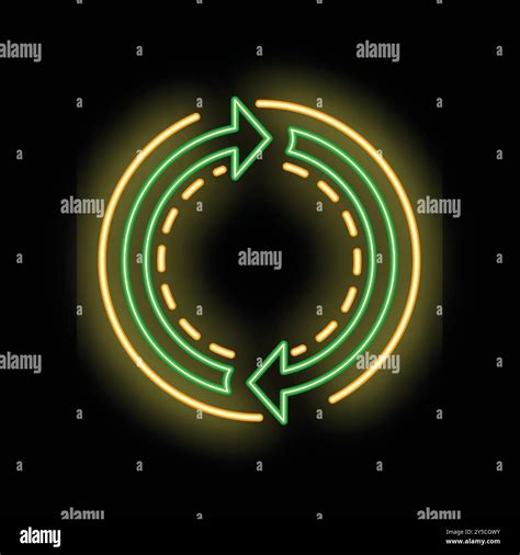 Circular Rotating Arrows Neon Sign On Black Background Indicating An Ongoing Process Stock