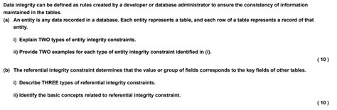 Solved Data Integrity Can Be Defined As Rules Created By A