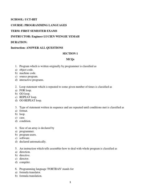 Programming Language Exams Pdf Subroutine C Programming Language