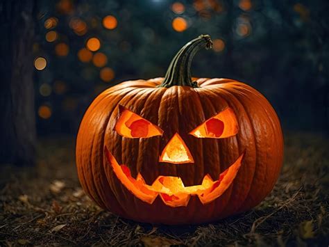 Premium Ai Image Halloween Pumpkin Glowing Jack Olantern At Night In Forest This Photo Was