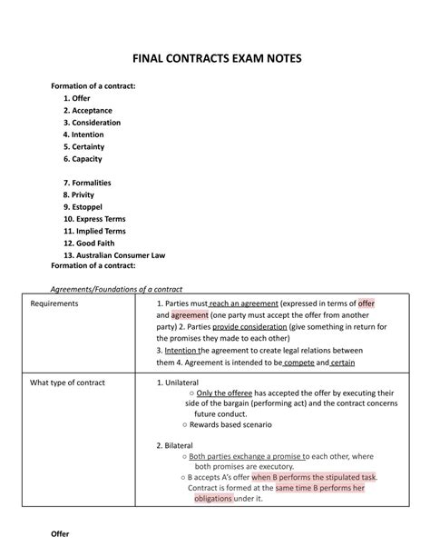 Contract A Final Exam Notes Law2101 Contract A Monash Thinkswap
