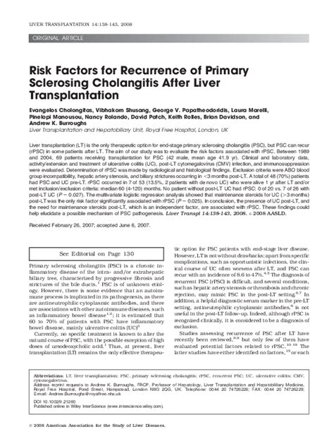 Pdf Risk Factors For Recurrence Of Primary Sclerosing Cholangitis After Liver Transplantation