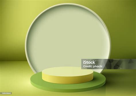3d 사실적인 제품은 녹색 배경에 원형 배경 최소한의 벽 장면이 있는 녹색과 노란색 연단 계단을 표시합니다 담 경계에 대한 스톡