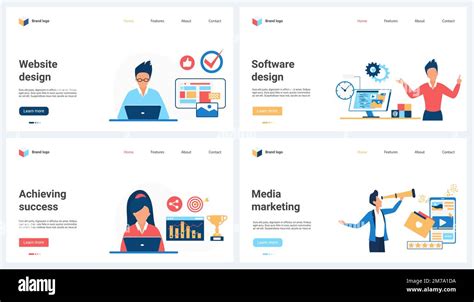 Website And Software Design Social Media Marketing Success Achievement Set Vector Illustration
