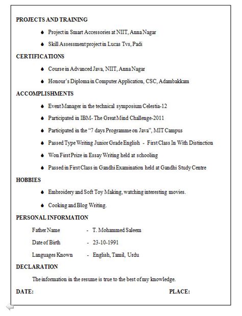 Resume Format For Cse Freshers Be Cse Resume Format For Freshers Williamson