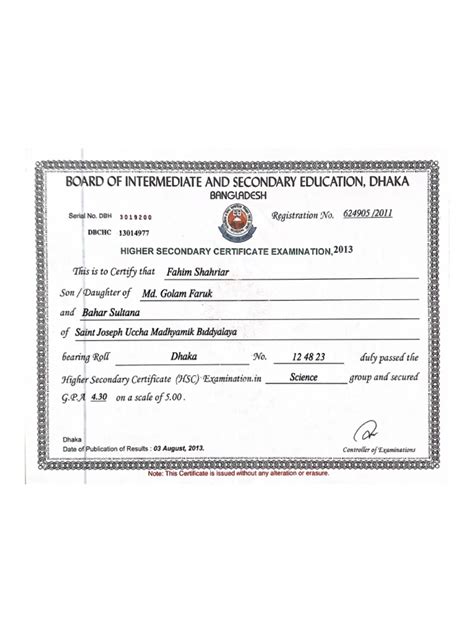 Hsc Certificate Pdf