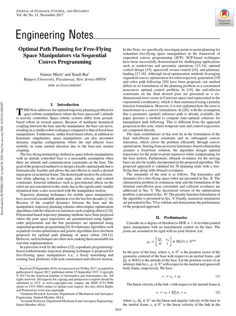 Pdf Optimal Path Planning For Free Flying Space Manipulators Via