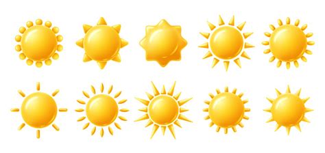 태양 3d 아이콘입니다 노란색 밝기 기호 광선 모양이 있는 태양 맑고 화창한 날 더운 온도의 날씨 벡터 일러스트레이션 세트 3차원 형태에 대한 스톡 벡터 아트 및 기타