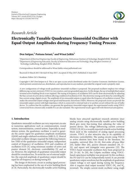 Pdf Electronically Tunable Quadrature Sinusoidal Oscillator With
