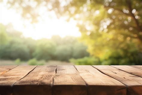 Premium Ai Image Wooden Table With Blurry Nature Background