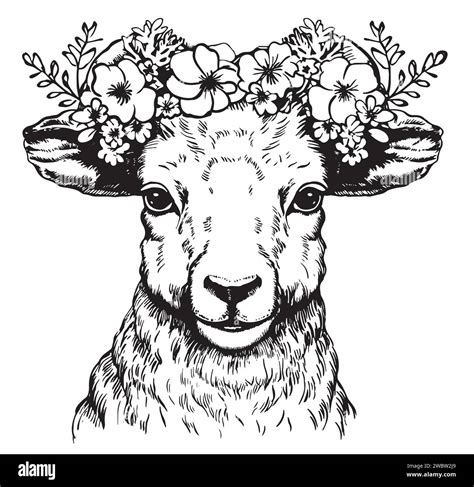 Cute Sheep Or Lamb Head Engraving Style Vector Illustration Realistic