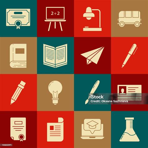 테스트 튜브 및 플라스크 화학 실험실 식별 배지 펜 테이블 램프 오픈 북 책 인증서 템플릿 및 종이 비행기 아이콘을 설정합니다