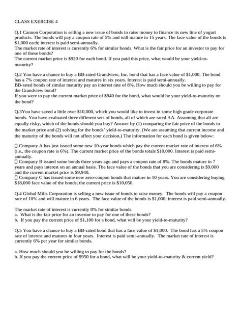 Class Exercise 4 Pdf Bonds Finance Economies