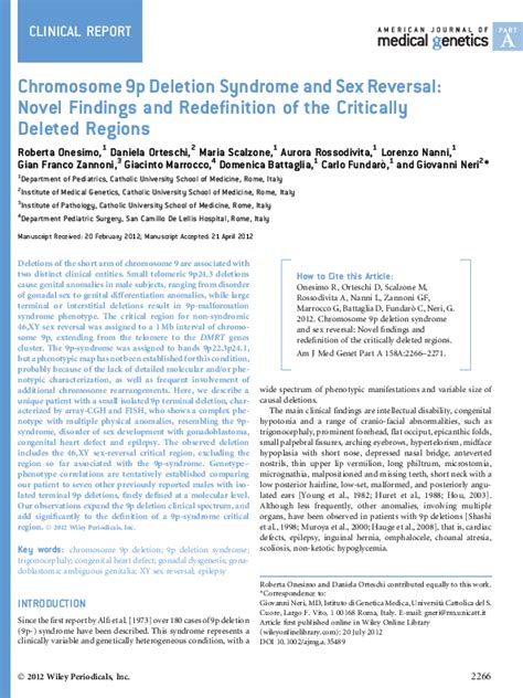 Pdf Chromosome 9p Deletion Syndrome And Sex Reversal Novel Findings