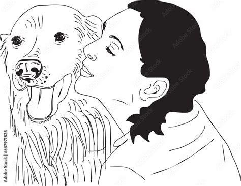 Woman Pet Lover Vector Illustration Cute Girl Hugging Big Dogsketch