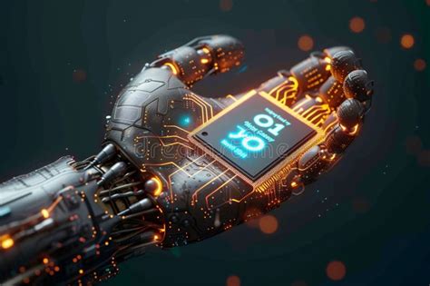 Futuristic Ai Hand Holding Logo On Microchip Hologram 3d Rendering Stock Illustration