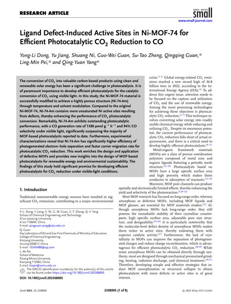 Ligand Defect‐induced Active Sites In Ni‐mof‐74 For Efficient Photocatalytic Co2 Reduction To Co