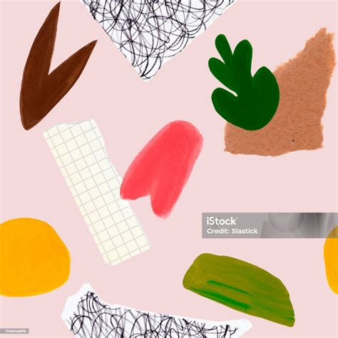 구 아 슈와 종이 콜라주 완벽 한 패턴입니다 Trandy 추상 콜라주입니다 종이 요소 스케치 낙서 선 도트 꽃 나뭇잎 모양을 잘라냅니다 손으로 그린 그림 포장 커버 등 0