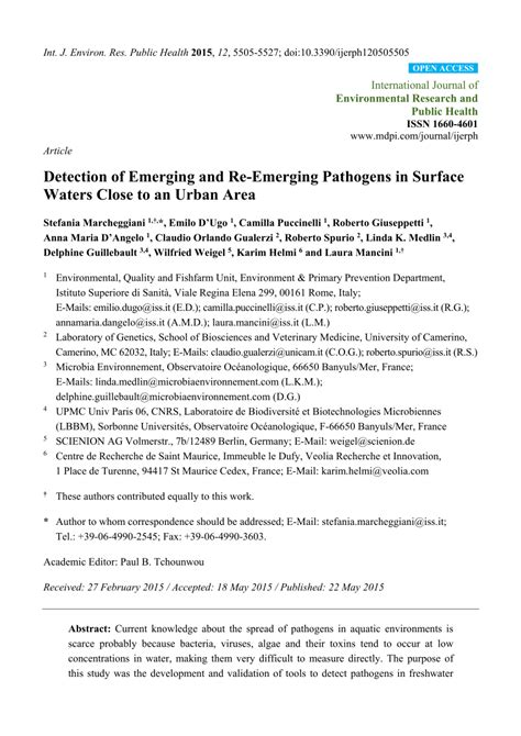Pdf Marcheggiani S Et Al Detection Of Emerging And Re Emerging Pathogens In Surface Waters