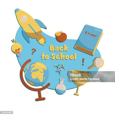 학교 장비와 벡터 일러스트 레이 션 책 글로브 로켓 컵 사과 돋보기 램프 추상적 인 반점 배경에 플라스크 웹 배너 소셜 미디어 인쇄물 등에 적합합니다 0명에 대한 스톡 벡터