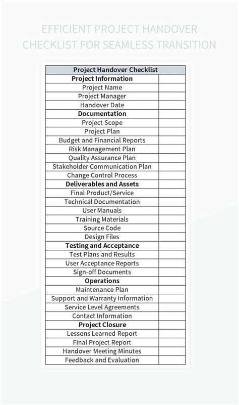efficient project handover checklist for seamless transition excel