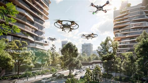 Multiple Drones Flying Over Urban Cityscape With Modern Buildings And Green Trees Premium Ai