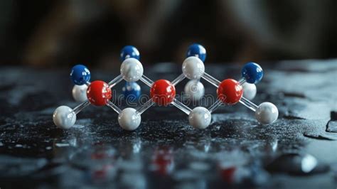 Abstract Molecular Structure Model With Red Blue And White Spheres On Dark Wet Surface Ai