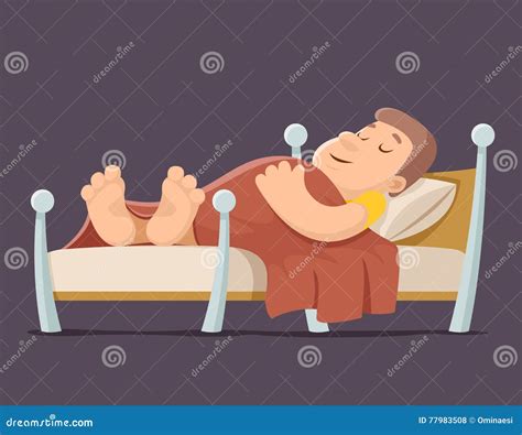 Sleep Man Bed Rest Night Blanket Pillow Cartoon Design Vector