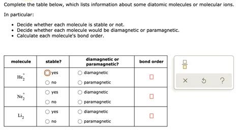 Solved Complete The Table Below Which Lists Information About Some Diatomic Molecules Or