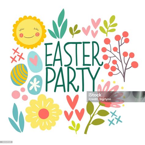 손으로 편지 잎 꽃 계란과 토끼부활절 카드 토끼 토끼와 텍스트 다채로운 해피 부활절 인사말 카드 개념에 대한 스톡 벡터 아트 및 기타 이미지 Istock