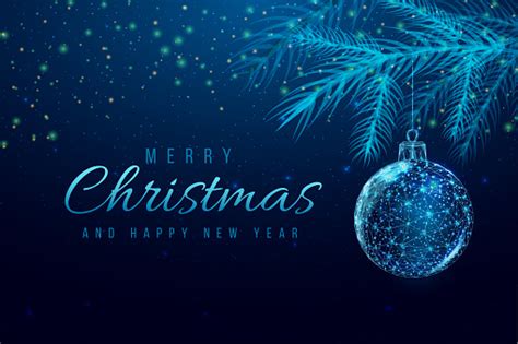 와이어 프레임 크리스마스 공과 크리스마스 트리 가지 낮은 폴리 스타일 새해 배너 파란색 배경에 추상적인 현대 3d 벡터 일러스트레이션 크리스마스에 대한 스톡 벡터 아트 및