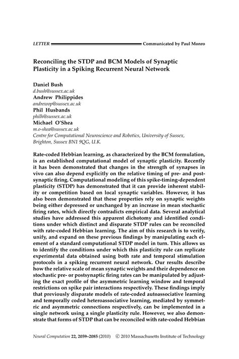 pdf reconciling the stdp and bcm models of synaptic plasticity in a