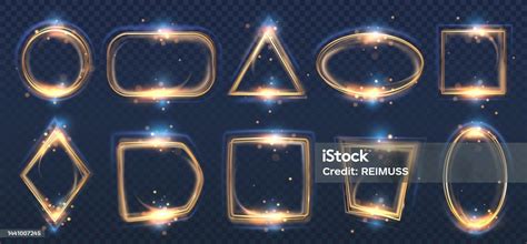 반짝이는 골드 프레임 세트 고급스러운 사실적인 광장 둥근 타원형 테두리 직사각형 테두리 골드 메탈 프레임 벡터 일러스트레이션