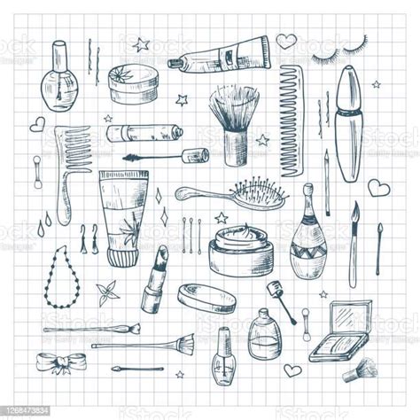 뷰티 낙서 세트 손으로 그린 아름다움 메이크업 및 화장품 아이콘과 개체의 컬렉션 스케치 디자인 요소입니다 체크 인 배경의 벡터 그림입니다 거울에 대한 스톡 벡터 아트 및