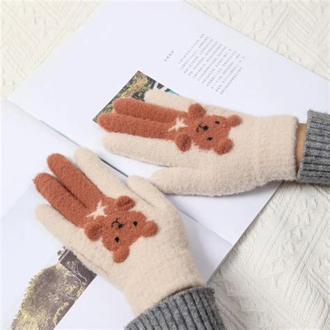 Badu Bg Карикатура Мечка Топли зимни детски ръкавици Плетени ръкавици с цели пръсти Колоездене