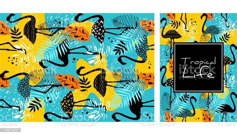 플라밍고와 잎 매끄러운 패턴 손으로 그린 수채화 벡터 그림 열대 배너입니다 0명에 대한 스톡 벡터 아트 및 기타 이미지 0명 디자인 모던 양식 Istock