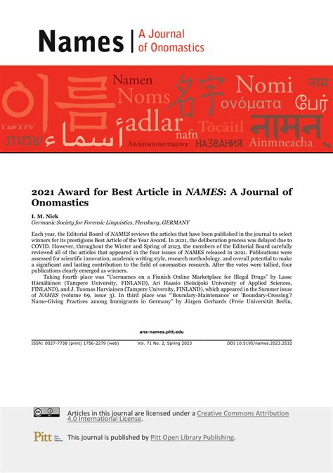 Pdf 2021 Award For Best Article In Names A Journal Of Onomastics