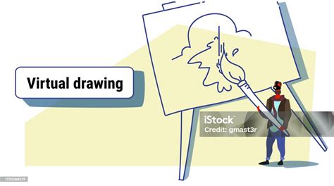 예술가 남자 착용 Vr 디지털 안경을 들고 페인트 브러시 남성 화가 창의력 가상 현실 비전 드로잉 컨셉 만화 캐릭터 전체 길이 스케치 낙서 전체 길이 수평 가상현실에 대한