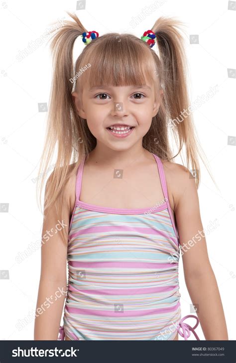 Little Beautiful Girl Wearing Pink Swimsuit Isolated On White