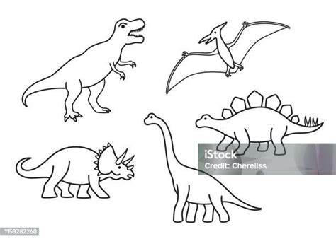 벡터 개요 공룡 T 렉스 브라키오사우루스 프테로다틸 트리케라톱스 스테고사우루스 고립 된 귀여운 플랫 공룡 0명에 대한 스톡 벡터 아트 및 기타 이미지 Istock