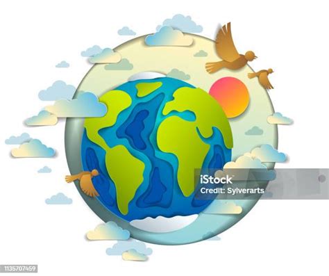 만화 지구 구름 새 비행과 태양 벡터 현대적인 스타일의 종이 잘라 3d 그림 낙관적이 고 긍정적 인 자유 느낌 개념 디자인 4월에 대한 스톡 벡터 아트 및 기타 이미지