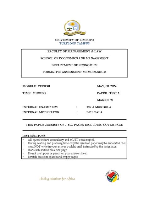 CFEB TEST MEMO UNIVERSITY OF LIMPOPO TURFLOOP CAMPUS FACULTY OF MANAGEMENT LAW