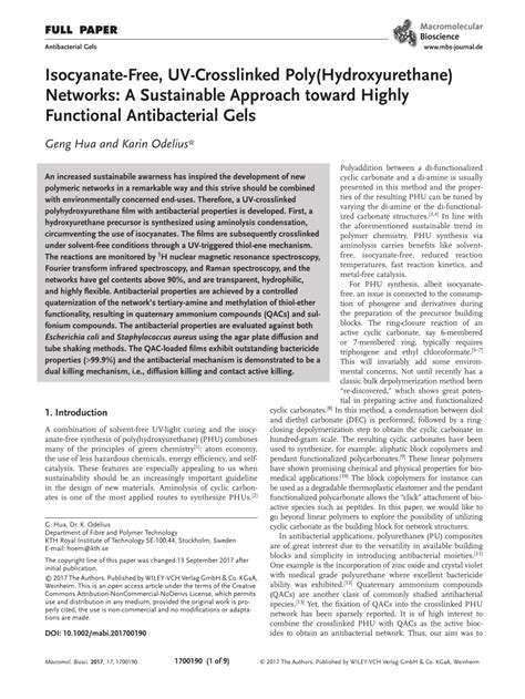 Pdf Isocyanate Free Uv Crosslinked Poly Hydroxyurethane Networks A Sustainable Approach