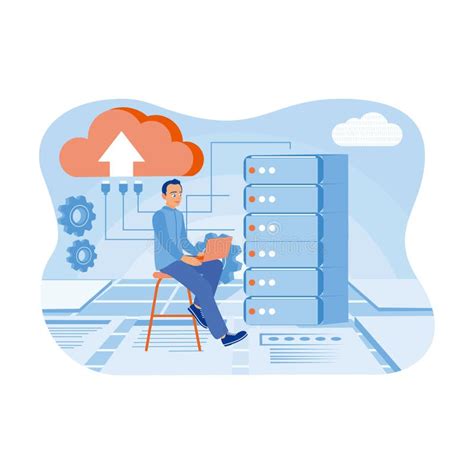 Technician Working In Data Center Room Uses Cloud Technology To Store