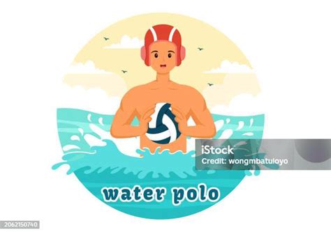 수구 스포츠 벡터 일러스트 레이 션 평평한 만화 배경에서 수영장에서 상대방의 목표에 공을 던지기 위해 연주하는 선수