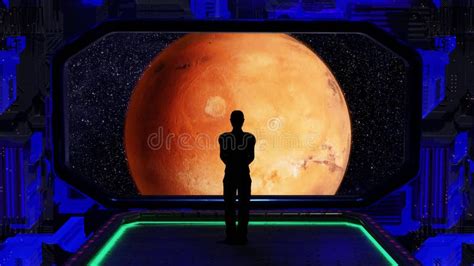 space station or spaceship where a man looks though the window into the