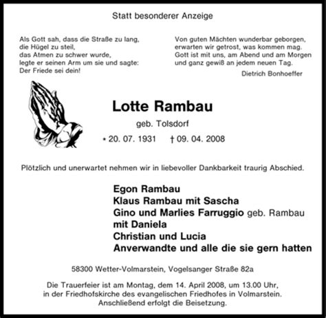 Traueranzeigen Von Lotte Rambau Trauer In Nrw De