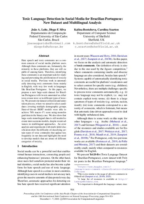 Pdf Toxic Language Detection In Social Media For Brazilian Portuguese New Dataset And