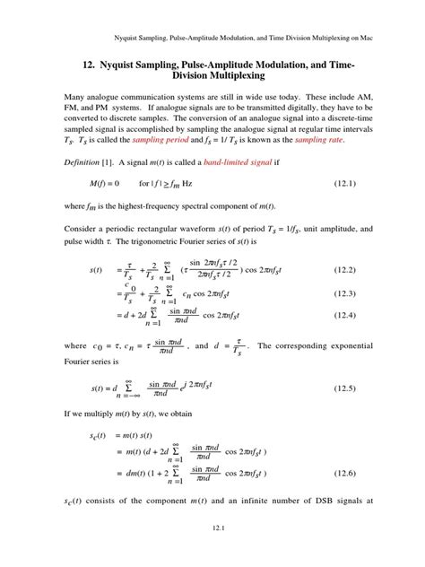 Nyquist Sampling Pulse Amplitude Modulation And Time Division Multiplexing Pdf Sampling