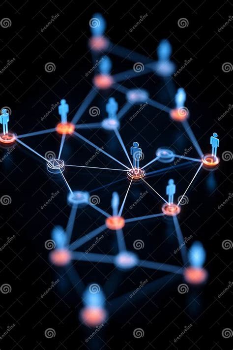 Abstract Network Of Glowing Blue And Orange Human Like Figures Positioned On Interconnected